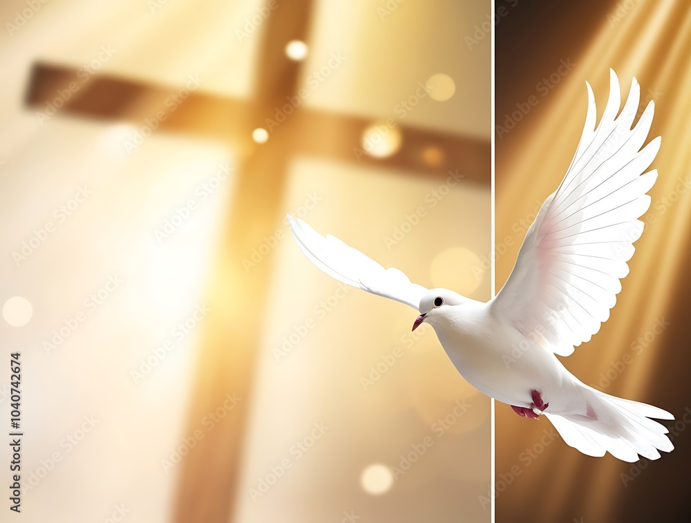 White dove flying. Holy spirit pigeon, church's colored stained glass ...