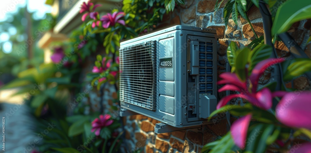 Air conditioner outdoor unit on modern house wall with green leaves ...