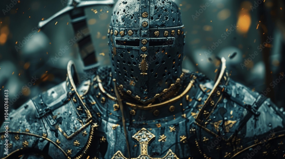 Medieval Holy Knight Armor with Golden Cross in Dark Fantasy Style ...