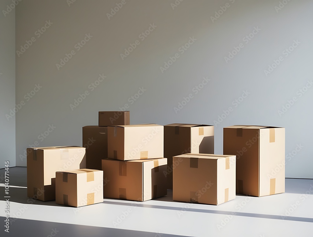 neat arrangement of cardboard boxes in various sizes casting soft ...