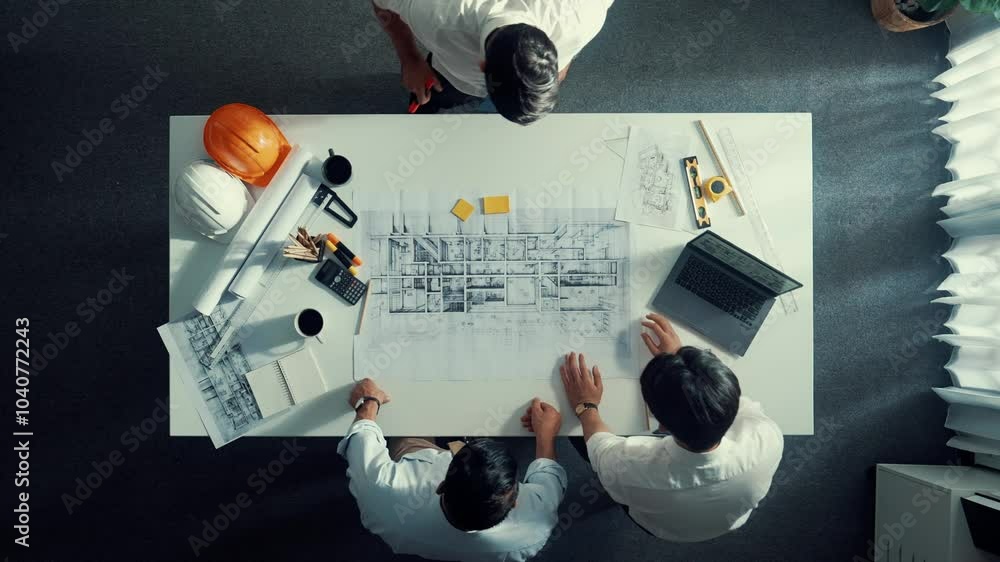 Top down aerial view of interior designer writing at sticky note while ...