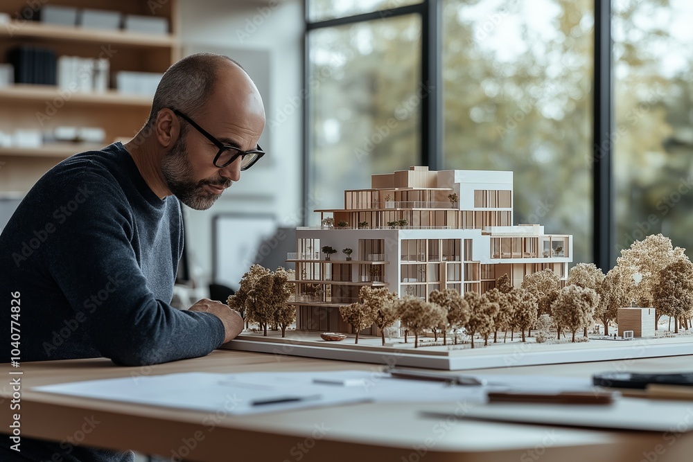 Architect analyzes architectural model of contemporary building in ... Architect analyzes architectural model of contemporary building in ...