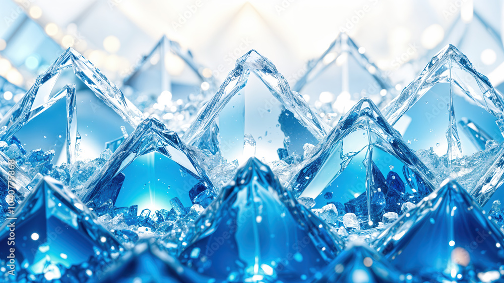 Macro blue crystal pyramid points, translucent crystalline ice row ...