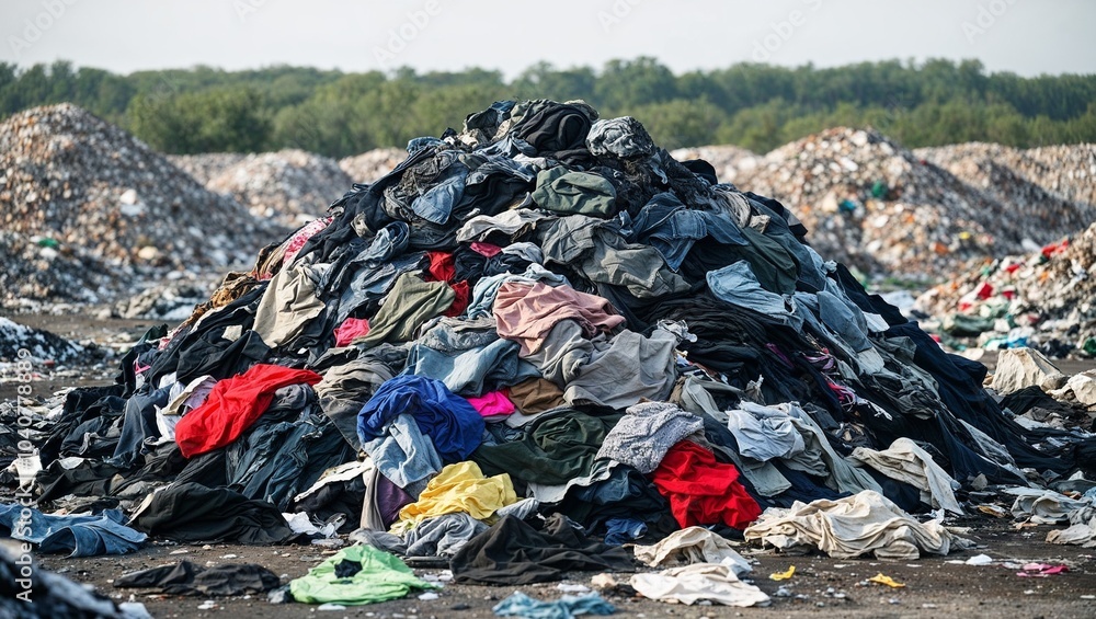A Pile of Discarded Clothing at a Waste Dump Highlighting Environmental Impact and Textile Waste ...
