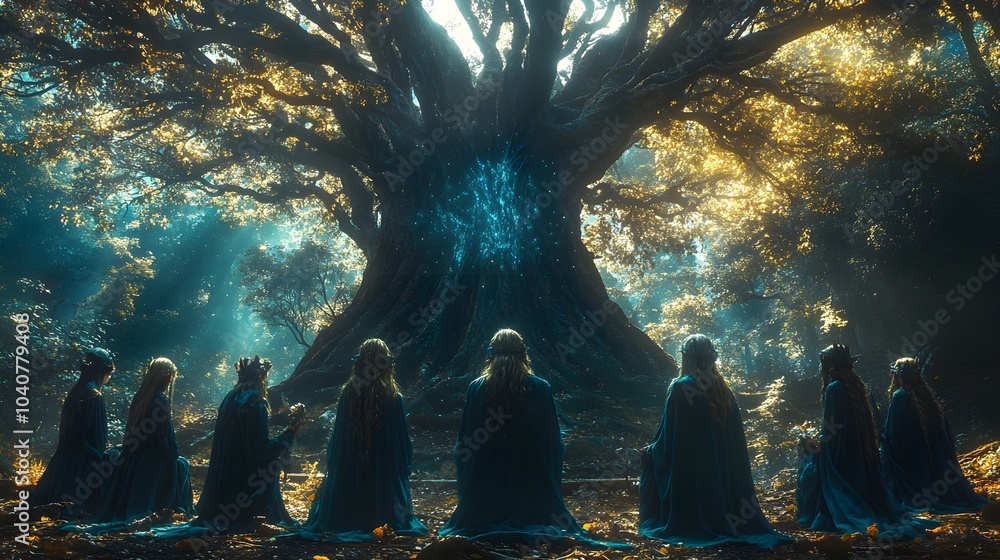 Elves in ceremonial robes, forming a circle around a massive ancient ...