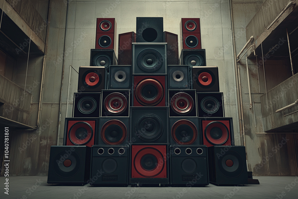 technical equipment, large stack of speakers and boom boxes in ...