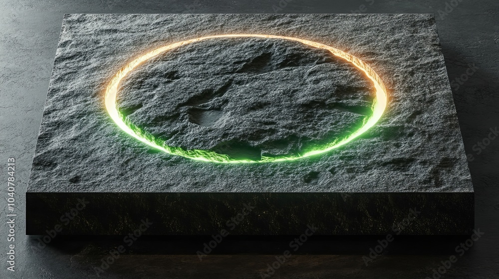 Overhead view of a neon green logo embedded in a dark stone pedestal ...