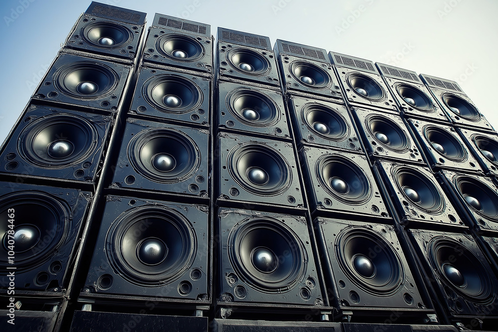 technical equipment, large stack of black speakers against bright sky ...