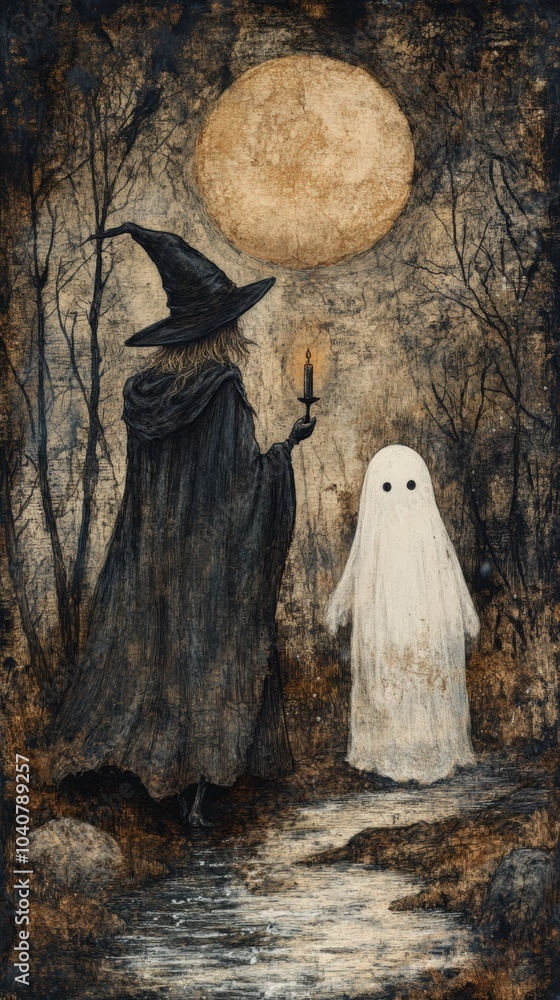 Mysterious Witch and Ghost Under Full Moon in Enchanted Forest ...