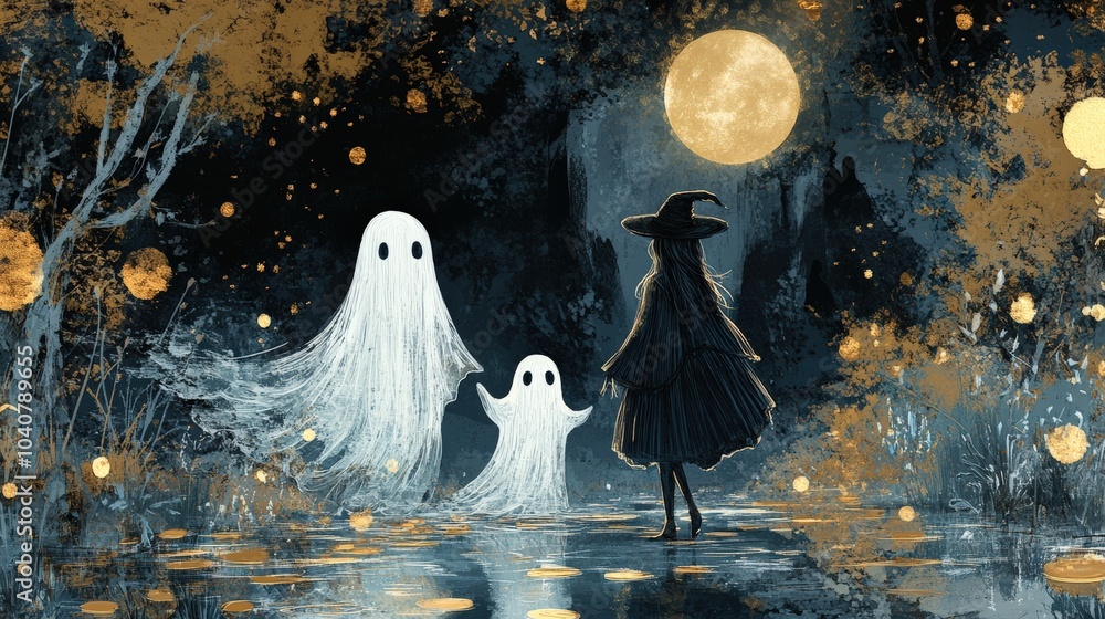 Mysterious Witch and Ghost Under Full Moon in Enchanted Forest ...