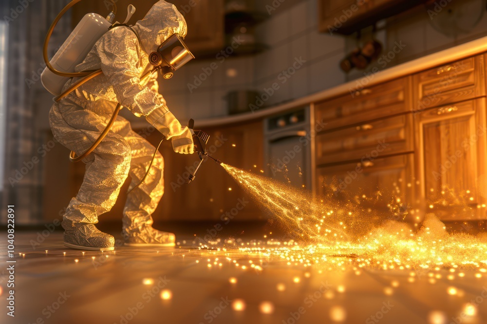 Exterminator in PPE Suit Spraying Parasites in Kitchen Interior for ...