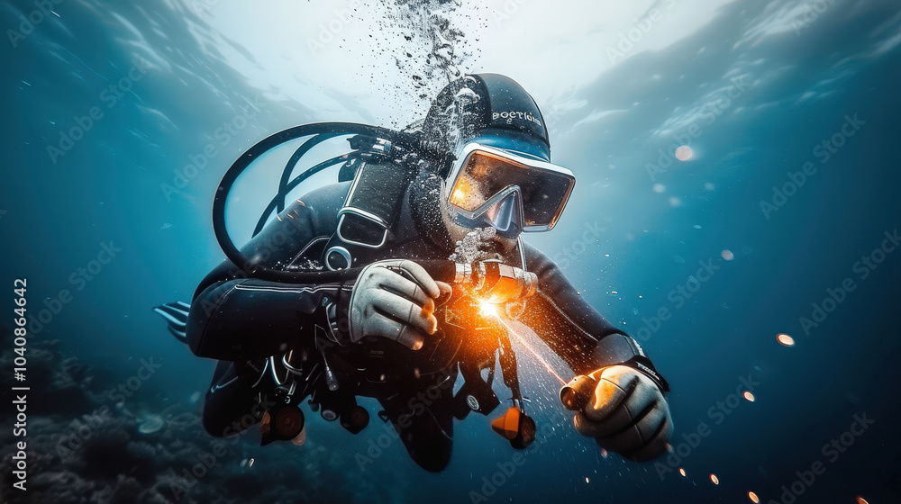 Diver welding steel sections underwater, showcasing intricate ...