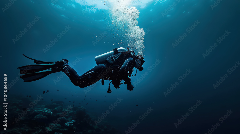 Diver swimming underwater with bubbles rising, showcasing beauty of ...