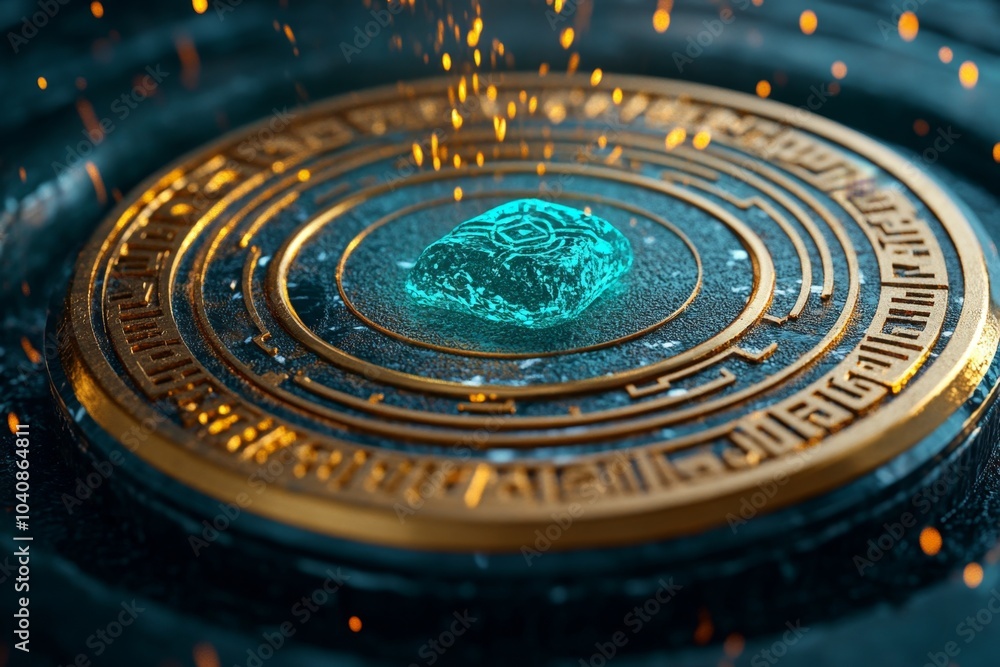 Golden Philosopher's Stone resting on an altar, surrounded by sacred ...