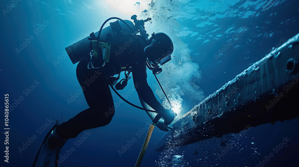 Underwater diver welding steel beams with bright sparks in deep blue ...