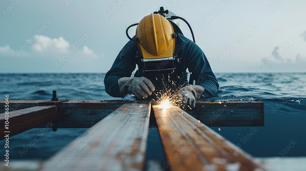 Underwater diver welding steel beams, creating sparks in ocean. scene ...