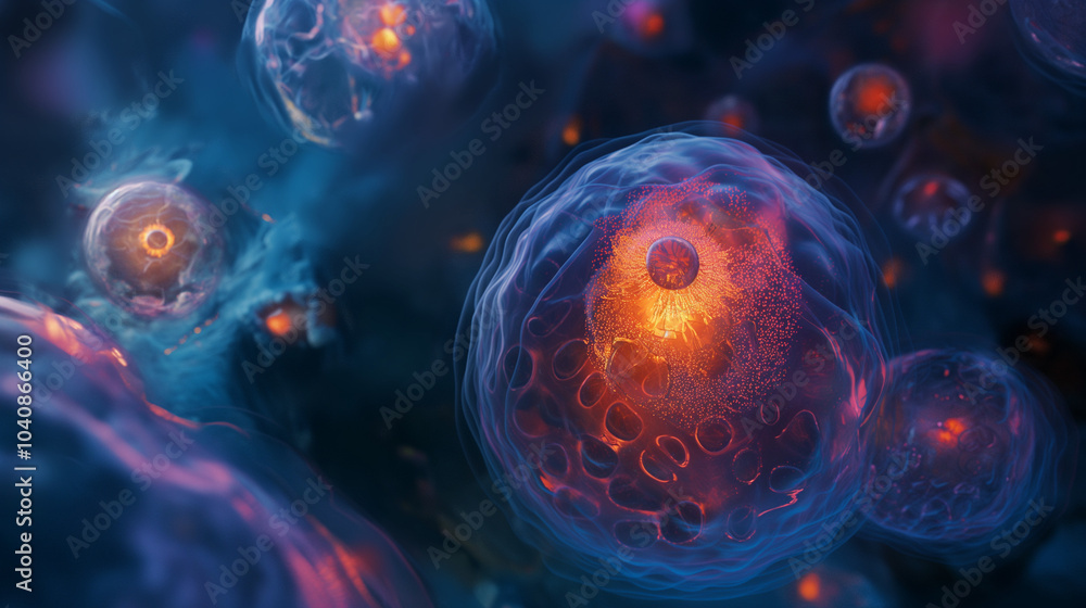 Microscopic view of a cell undergoing apoptosis, nucleus shrinking and ...