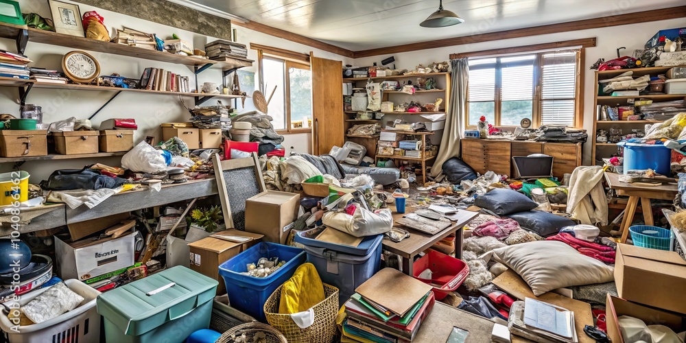 Messy hoarder house with piles of belongings , clutter, chaos ...