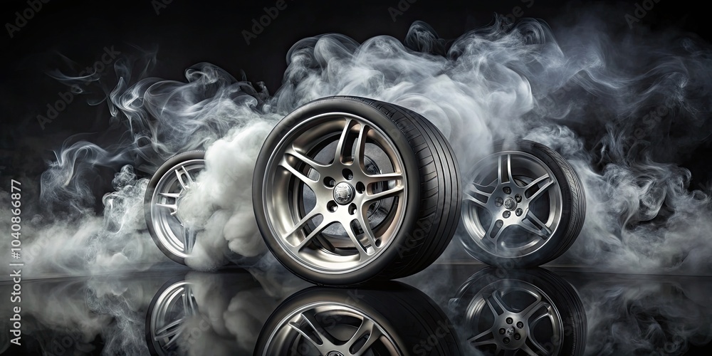 render of burnout wheels emitting smoke on black background, burnout ...