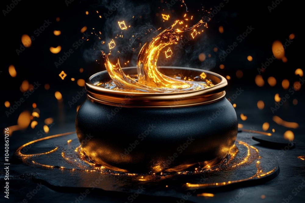Magical potion brewing in a cauldron, with swirling light and symbols ...