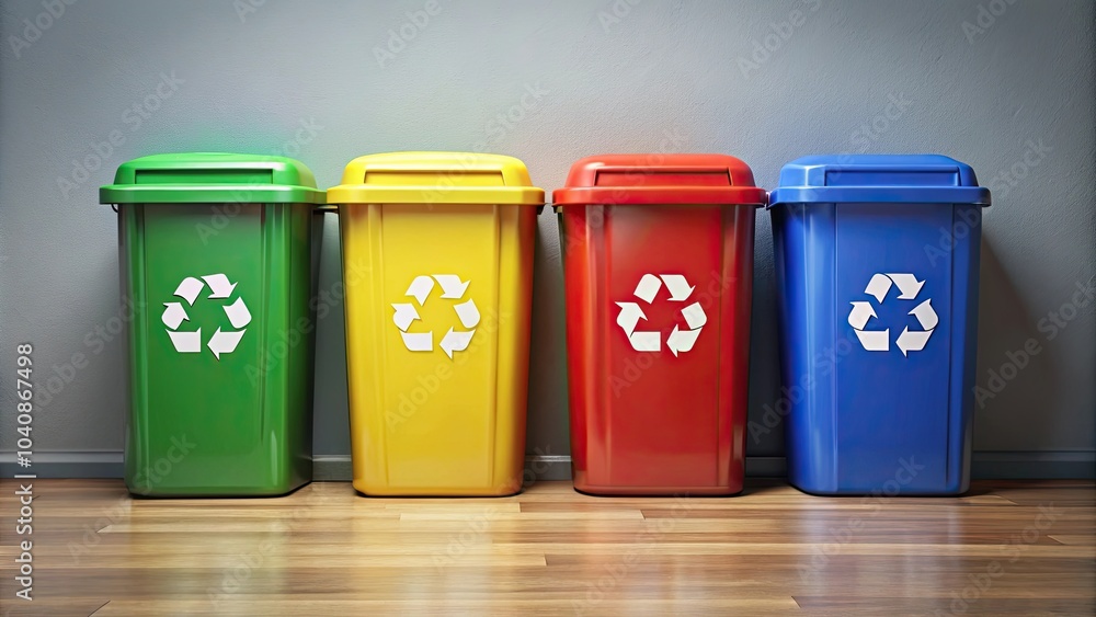 Segregated garbage bins with recycling symbols , waste management ...