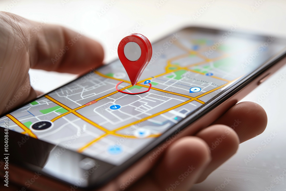 Close-up of a Smartphone Screen Displaying GPS Map with a Red Location ...