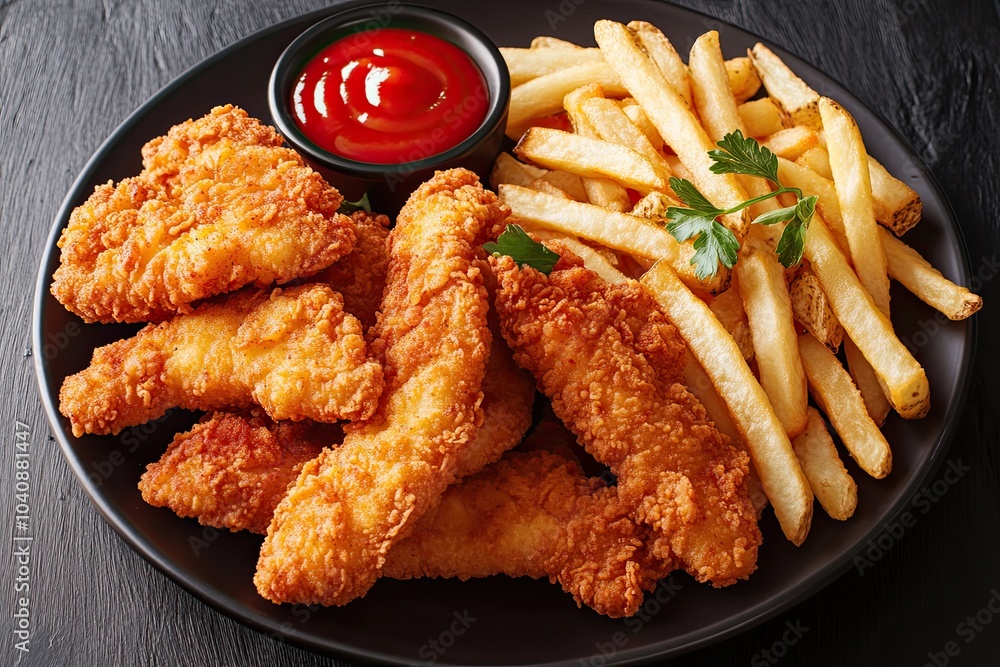 Fried Breaded chicken tender strips with french fries and tomato ...