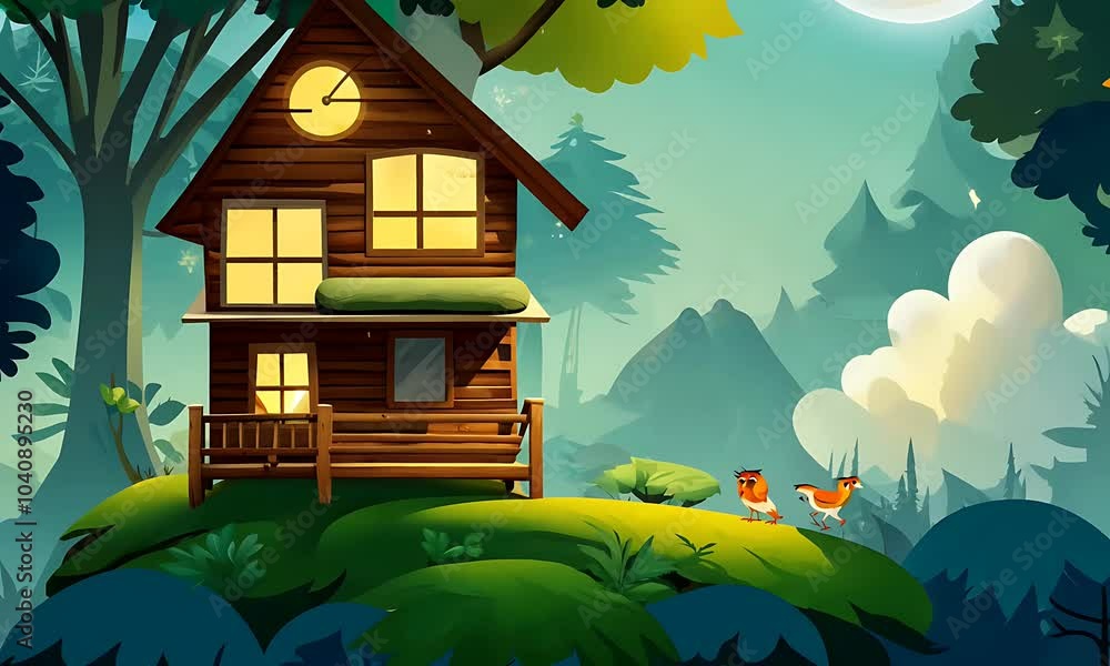 Animated Cottage in the Forest with Birds and a Full Moon, Tranquil ...