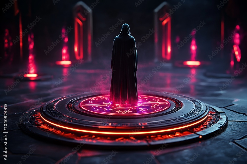 Futuristic alchemist surrounded by glowing holographic symbols ...