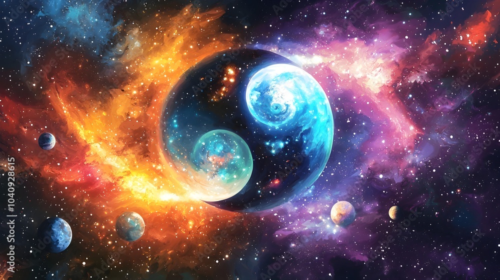 Conceptual of a Yin Yang symbol spinning and rotating in a cosmic ...