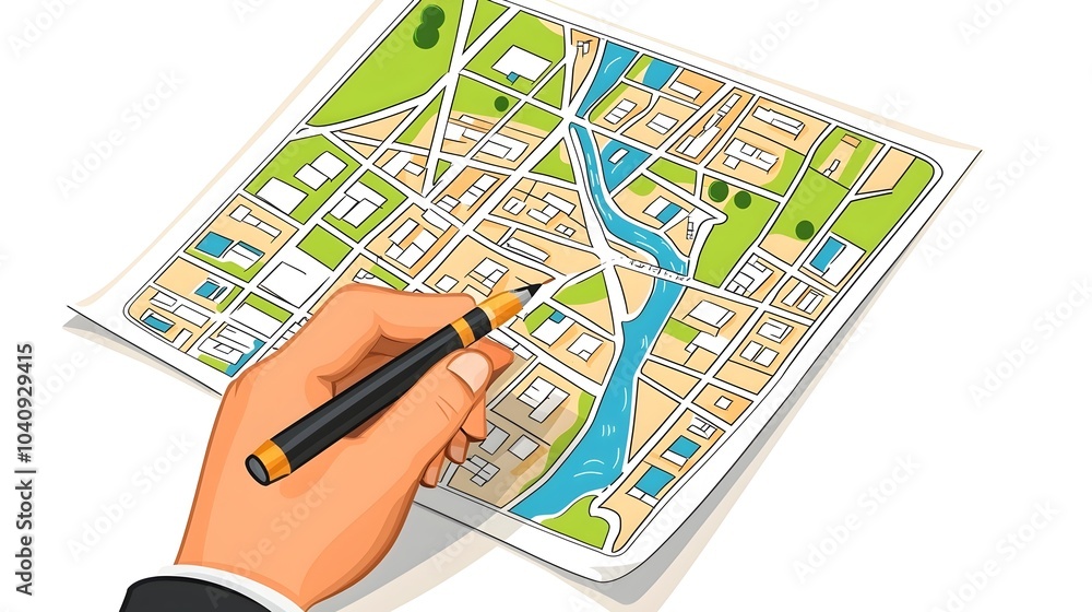 Planner s hand drawing a path on a map representing strategic guidance ...