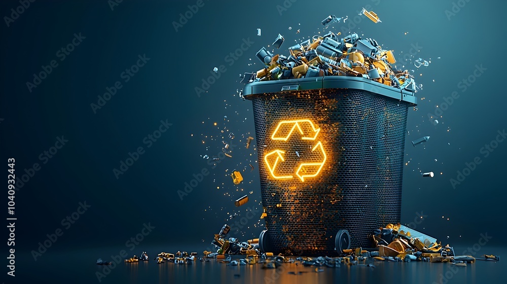 Glowing 3D mesh garbage bin with neon lines forming the symbol of waste ...