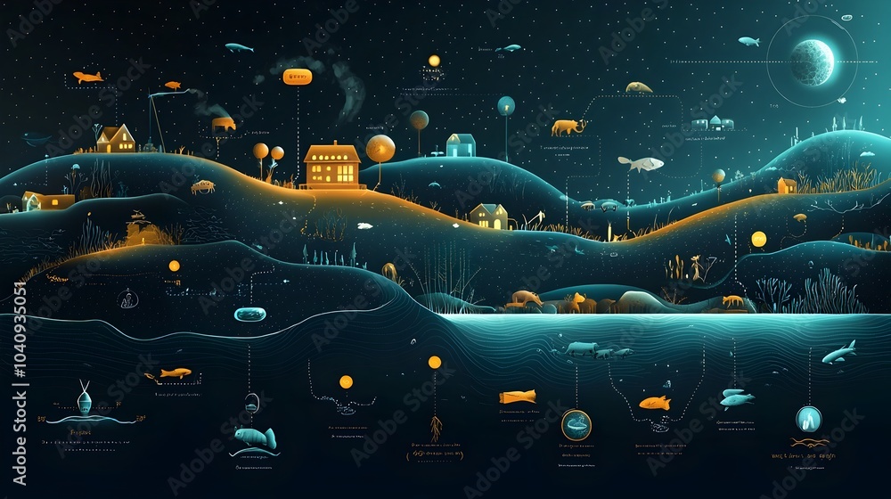 Glowing mesh line ecosystem diagram with interconnected glowing animals ...