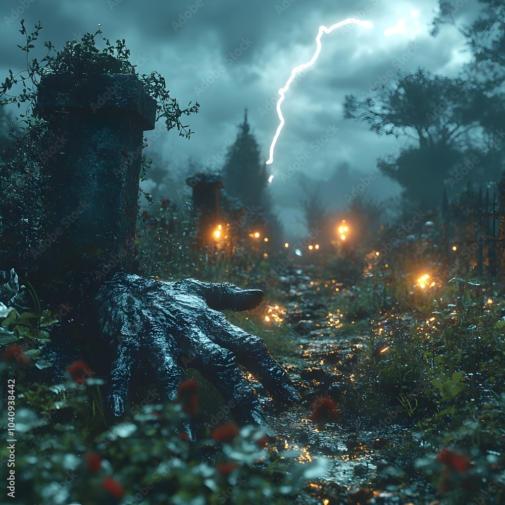 Eerie image of a cursed hand emerging from a cursed grave at the stroke ...