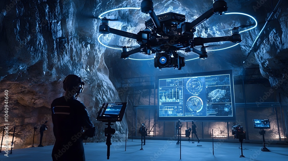 Futuristic autonomous mining drone equipped with holographic control ...