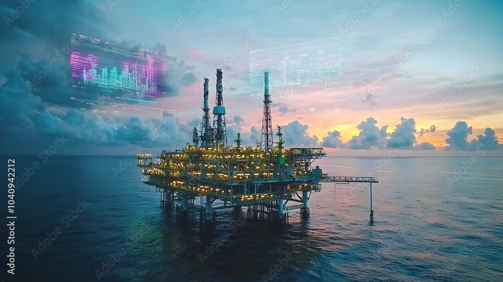 Futuristic oil rig platform at sunset with holographic displays ...
