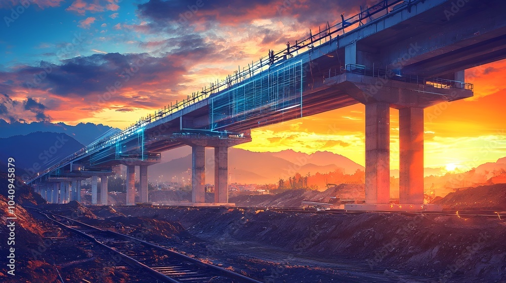 A partially constructed bridge with holographic displays projecting ...