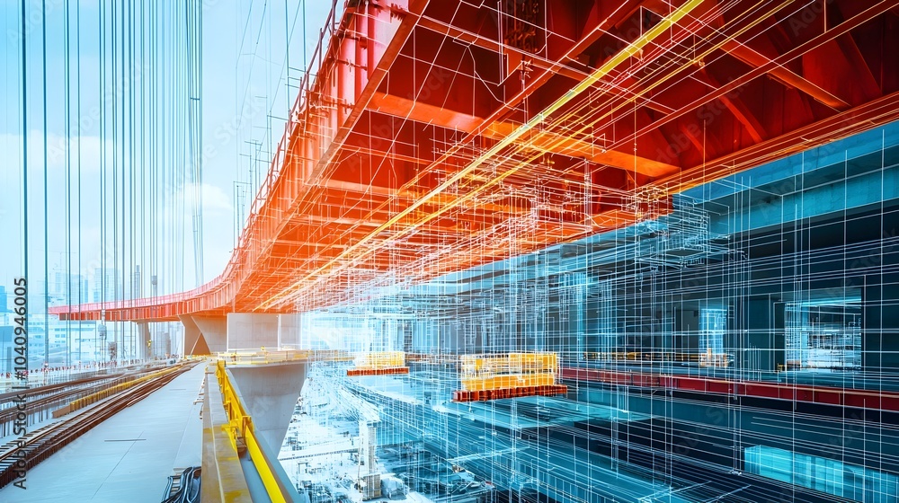 Massive steel bridge under construction with advanced 3D holographic ...