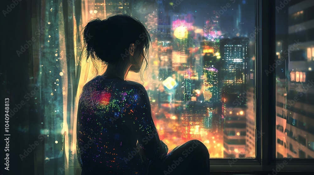 Conceptual image of a modern transparent window with a digital ...