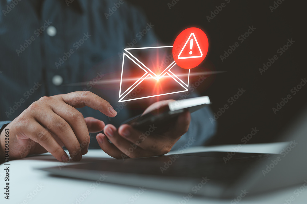 SMS spam, fake text message phishing from scammer concept. System hacked red warning alert ...