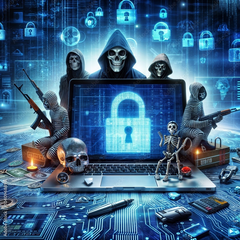 Cybersecurity threat: digital skull illustrating online data breach and ...