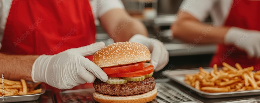 Fast food kitchen in action, staff cooking burgers, frying fries, fast ...