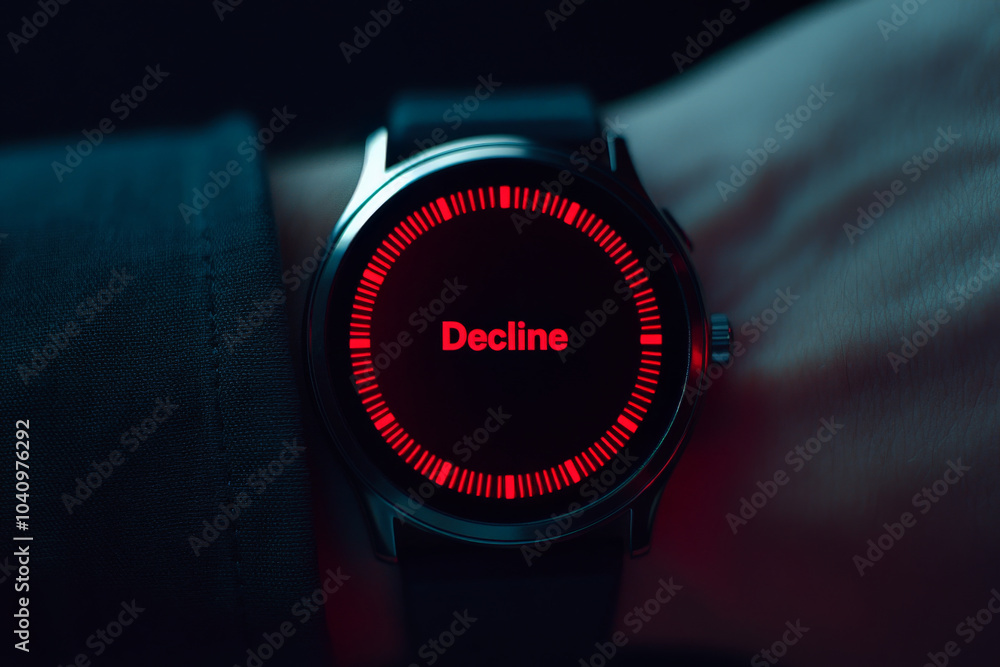 close up of hand wearing smartwatch displaying red Decline button ...