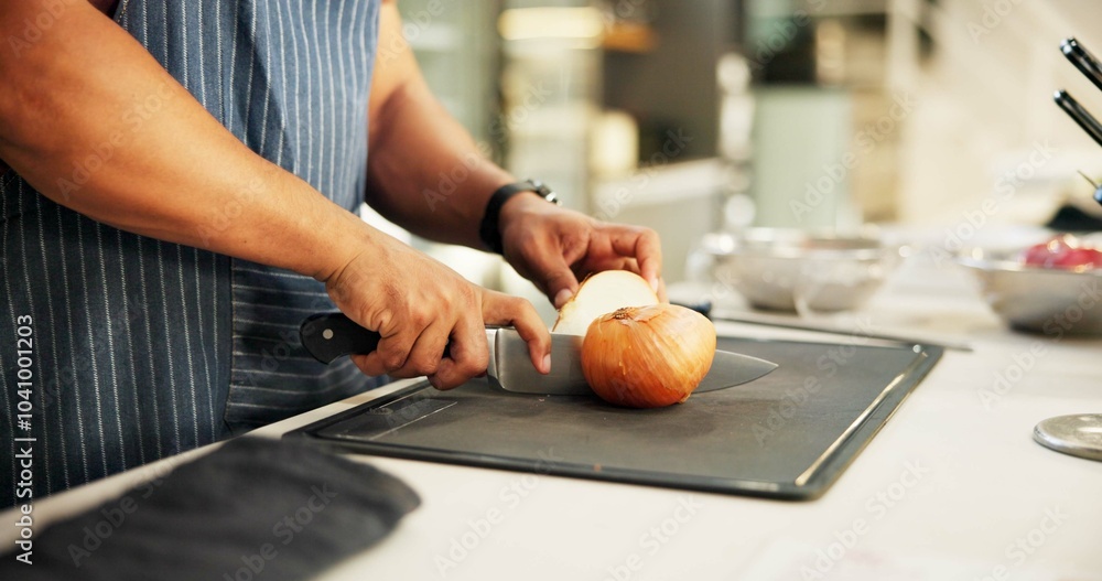Hands, cooking and meal prep in kitchen, chopping and vegetables in ...