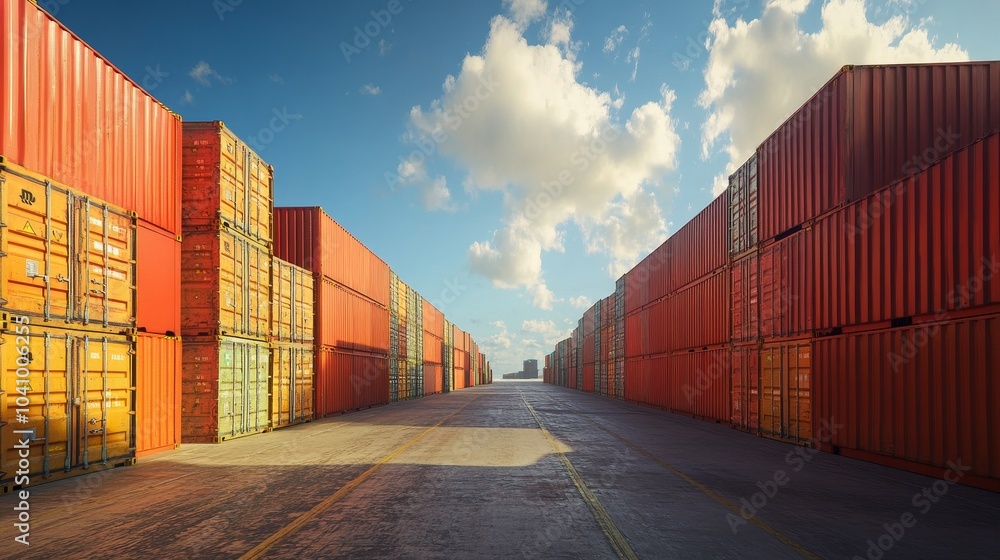 Realistic depiction of orange logistic containers stacked at a bustling ...