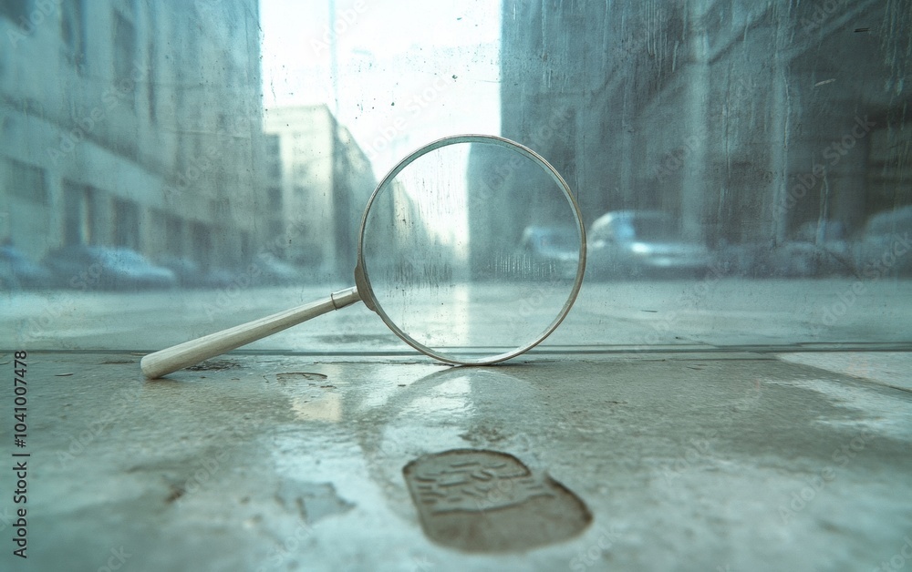 Surreal Street Crime Scene with Giant Magnifying Glass and Footprint ...