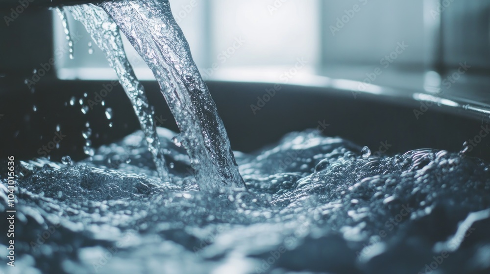 Water flows from a faucet into a basin, creating ripples and ...