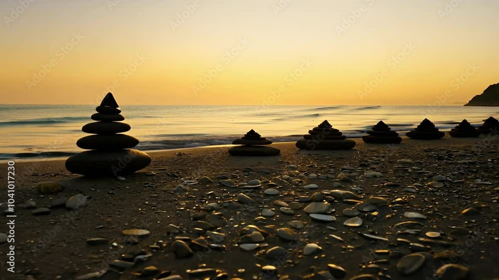 concept balance harmony artistic display stacked stones pebbles beach ...