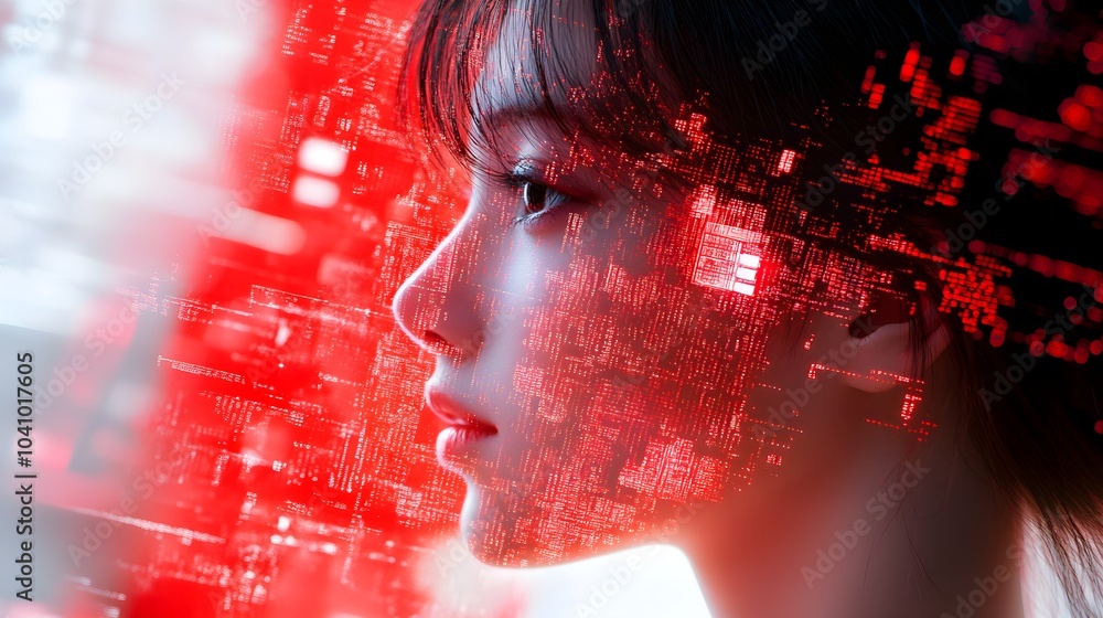 Woman's profile infused with futuristic red digital squares ...