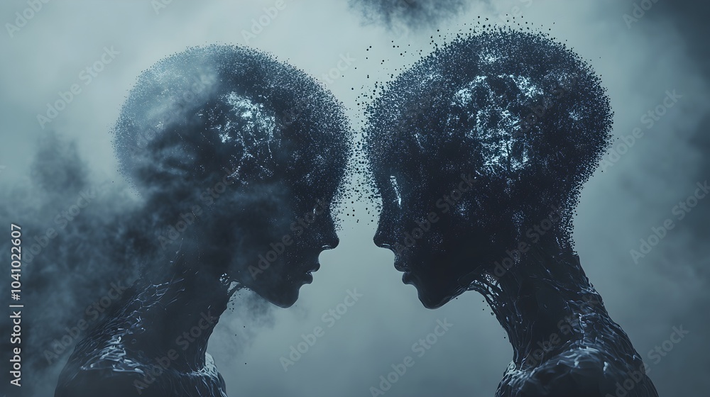 Two humanoid figures with particle-based brains, disintegrating into ...